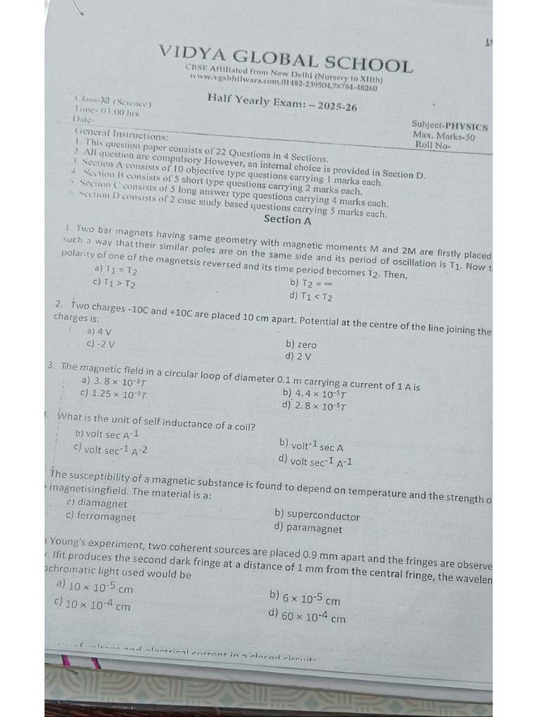 Physics (Class - 12) (Half Yearly Paper) | PDF