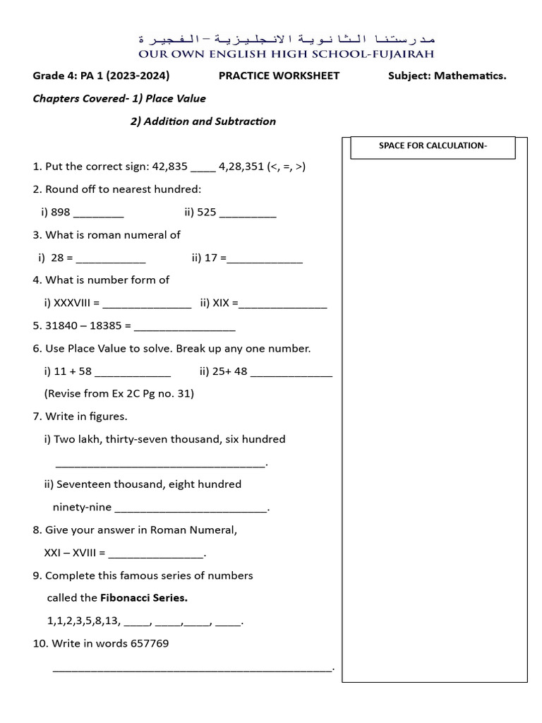 Gr 4 Pa1 Math Practice Worksheet | PDF | Mathematics