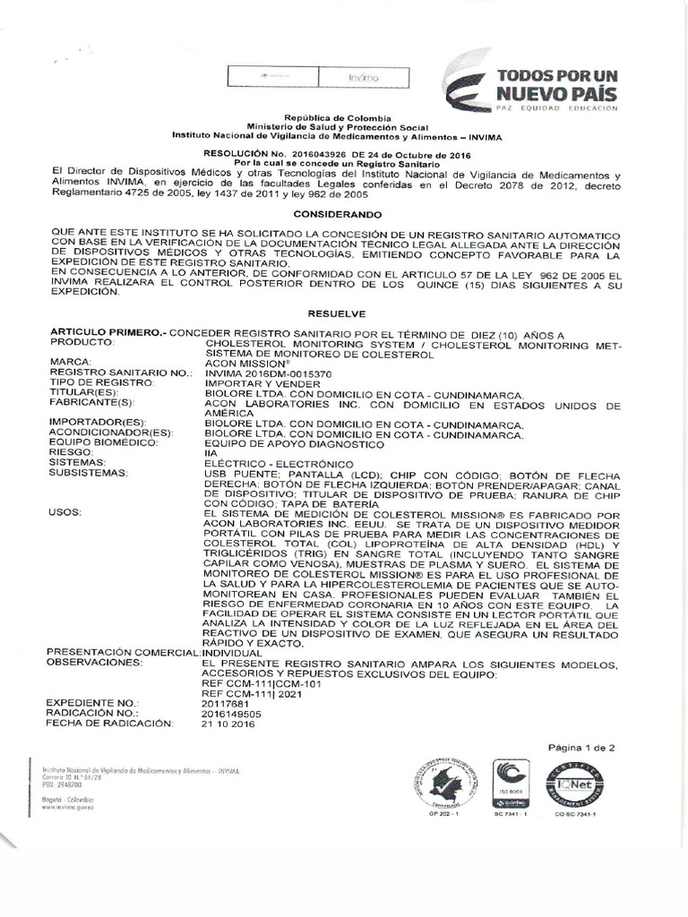 Invima - Medidor de Lipidor Mission | PDF