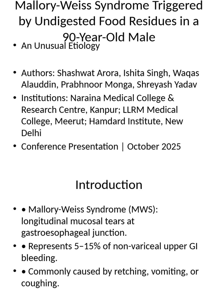 Mallory-Weiss Syndrome in Elderly Male | PDF | Medical Specialties ...
