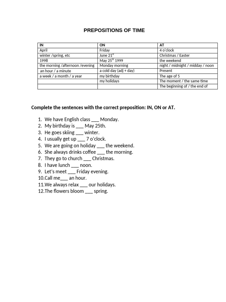 Prepositions of Time | PDF