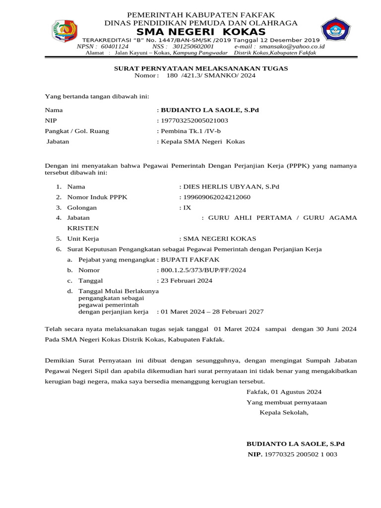 Surat Pernyataan Melaksanakan Tugas | PDF