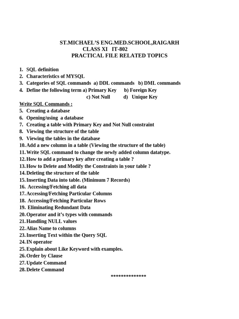 SQL Practical Guide for Class XI Students | PDF