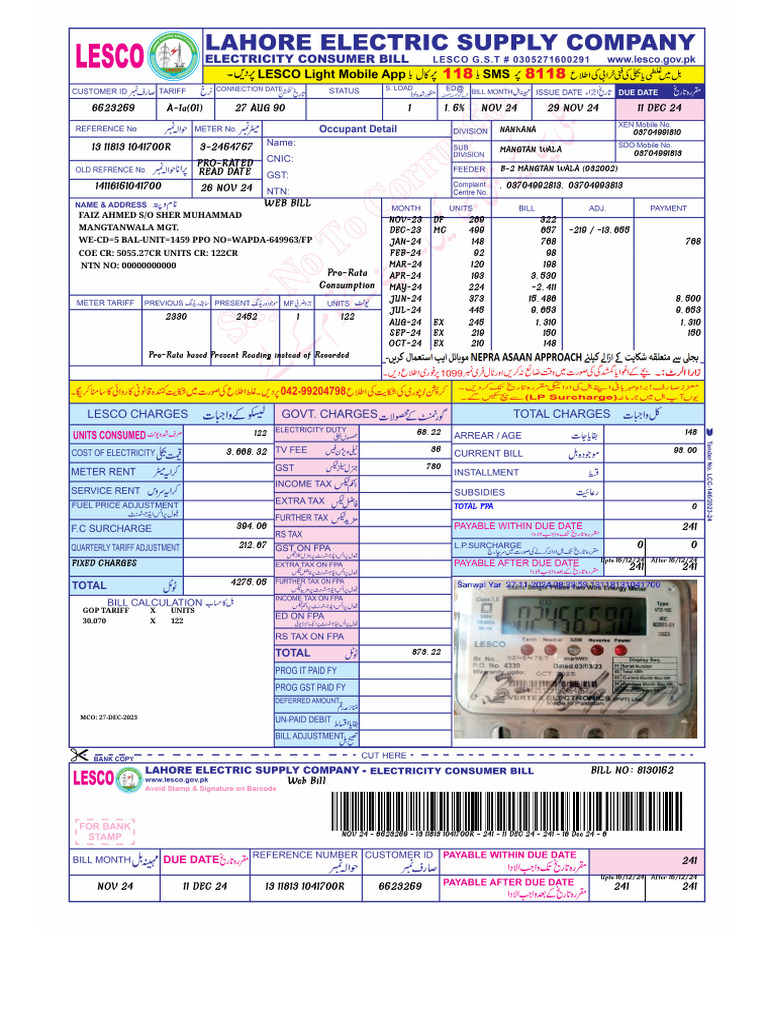 Pro-Rata Web Bill Summary for NOV 2024 | PDF