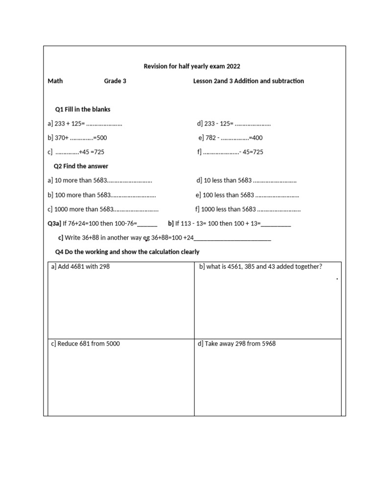 Grade 3 Math Exam Revision: Addition & Subtraction | PDF