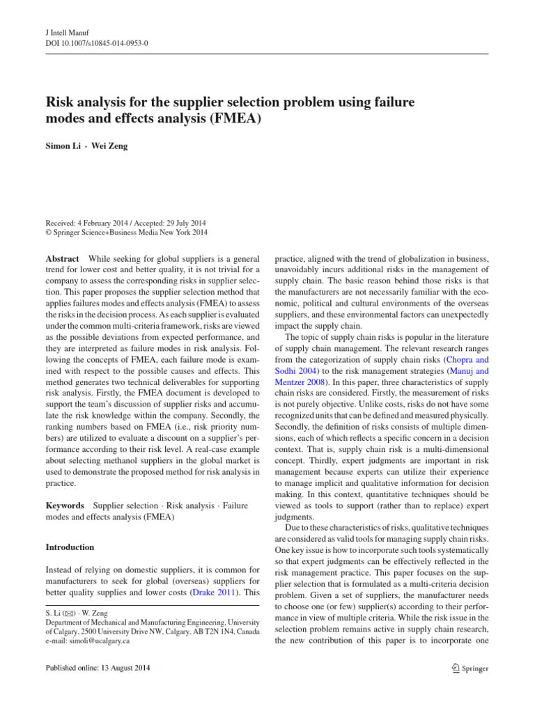 Risk Analysis For The Supplier Selection Problem Using Failure Modes ...