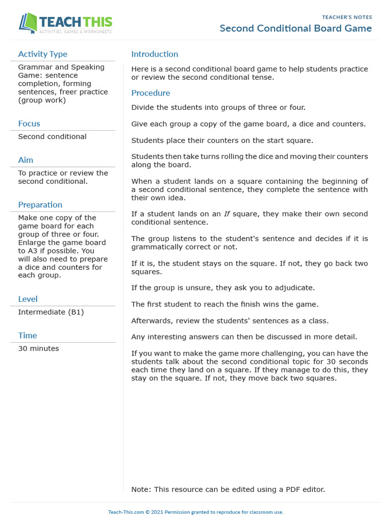 Second Conditional Board Game | PDF | Linguistics | Grammar