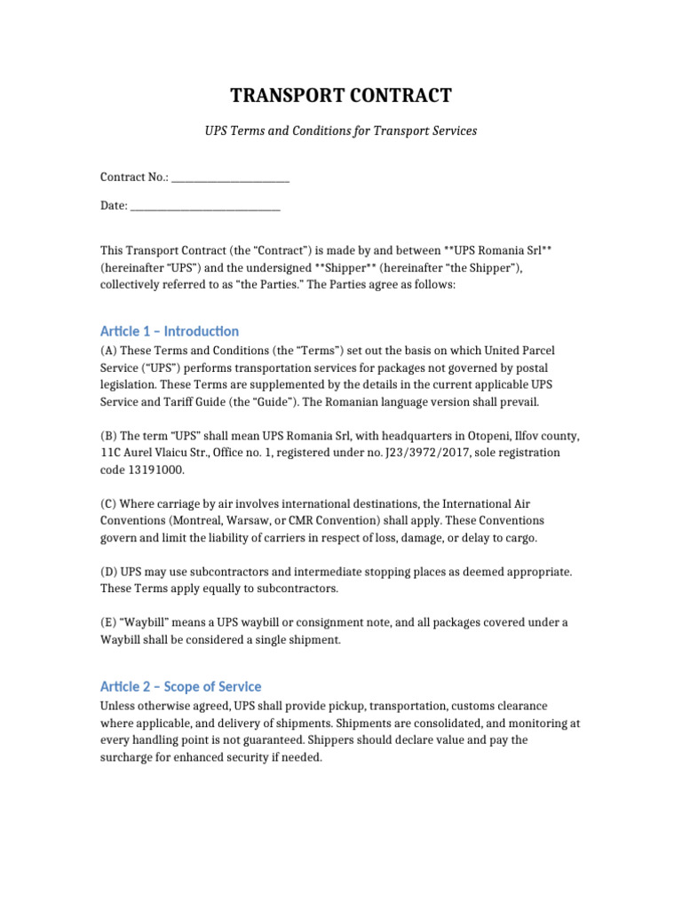 UPS Full Transport Contract | PDF | United Parcel Service | Legal Liability