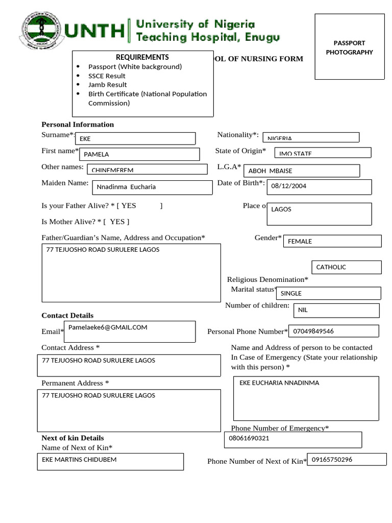 Unth School of Nursing Form | PDF