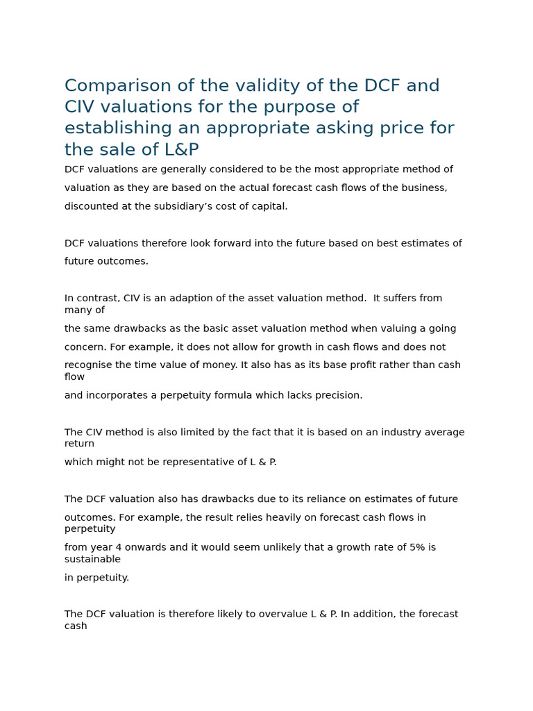 Comparison of The Validity of The DCF and CIV Valuations For The ...