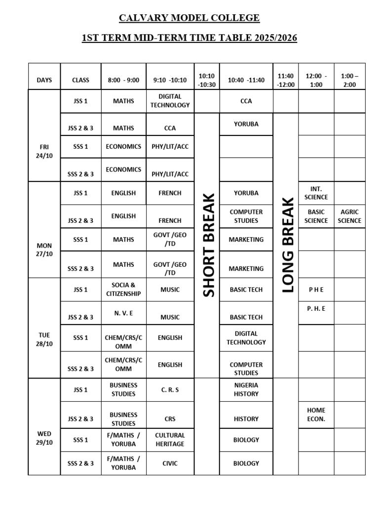 1st Term Mid Term Test Time Table | PDF