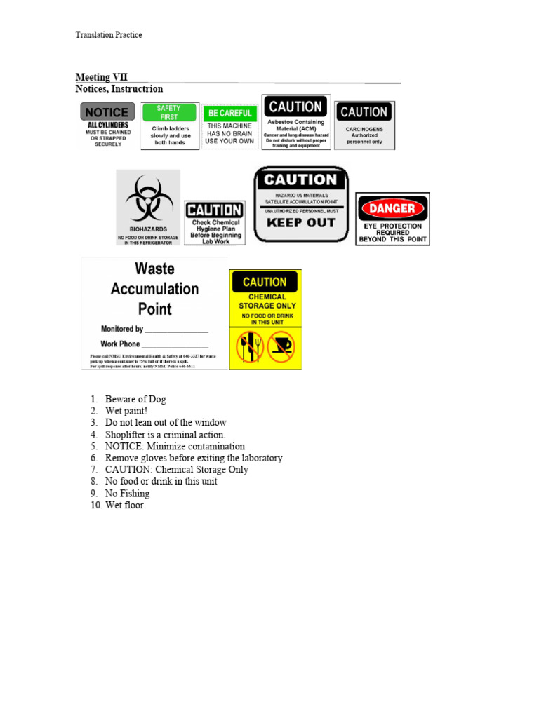 Translation Practice: Safety Notices | PDF