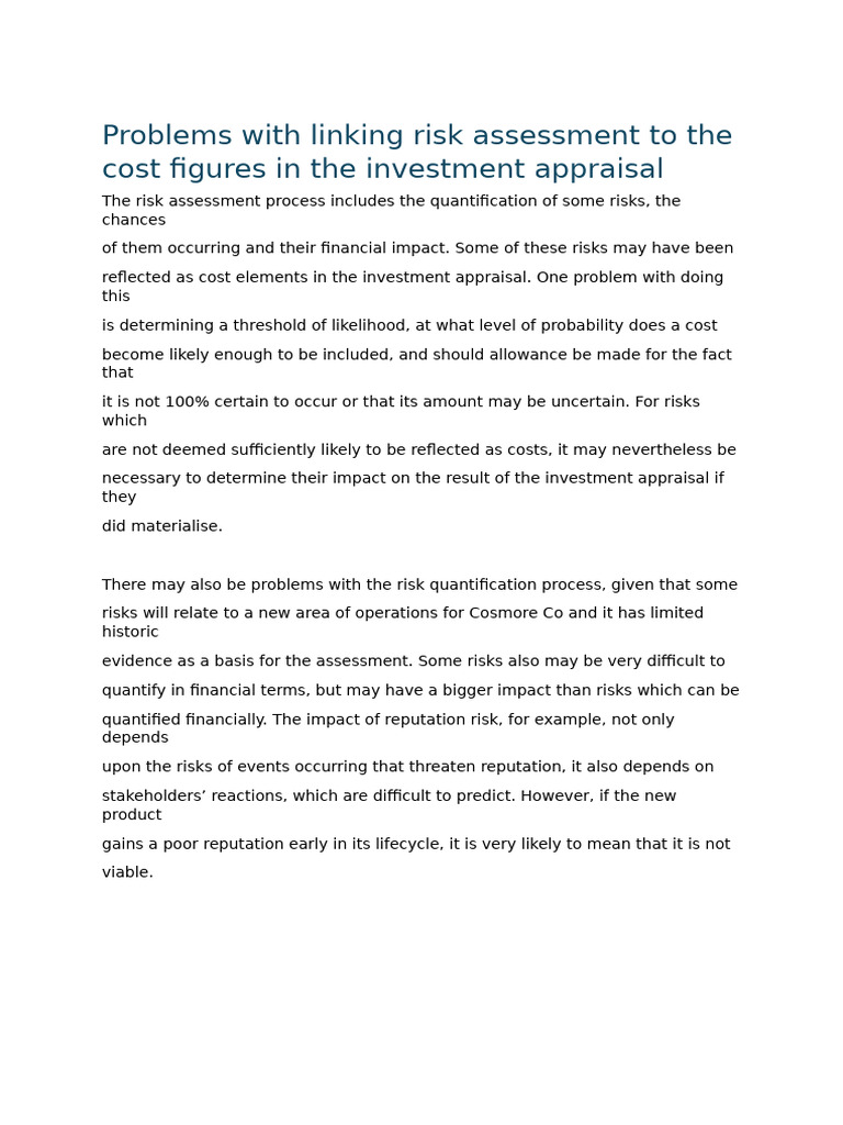 Problems With Linking Risk Assessment To The Cost Figures in The ...