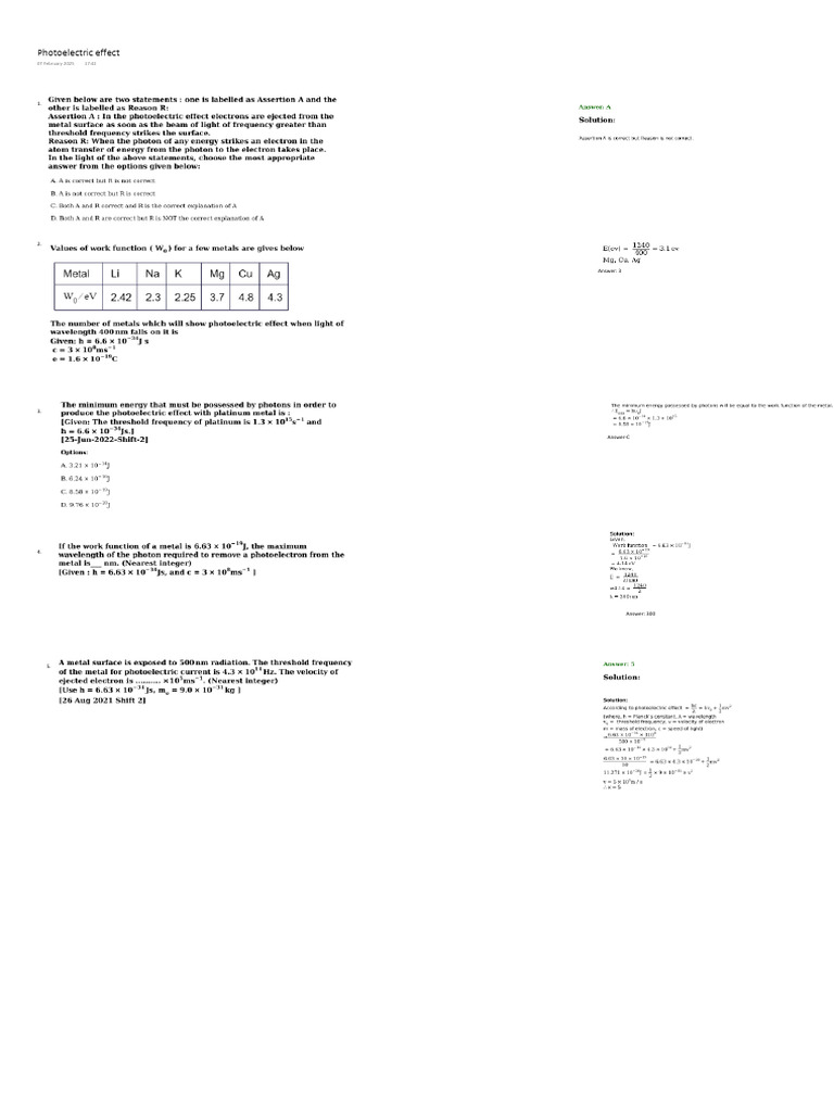 Photoelectric Effect Quiz Answers | PDF