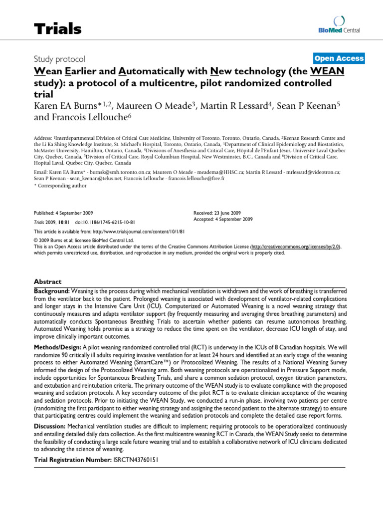WEAN Study: Automated Ventilator Weaning | PDF | Randomized Controlled ...