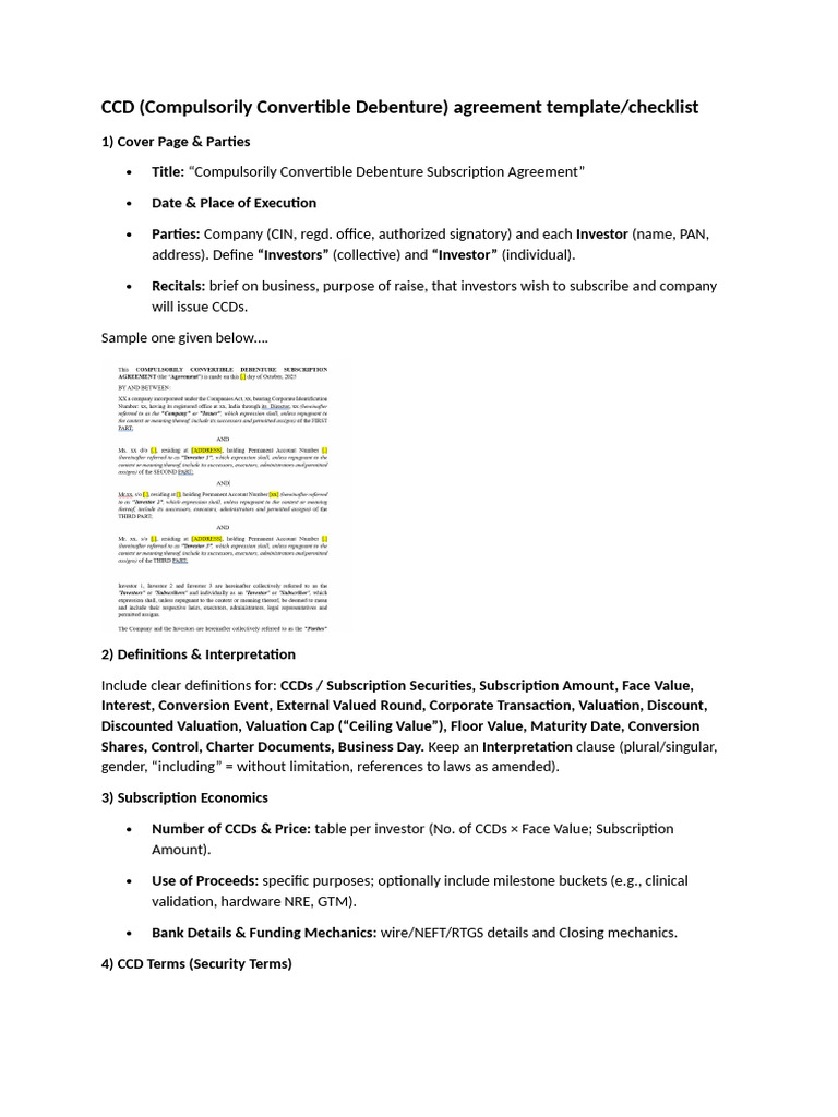 CCD Agreement Template Checklist | PDF | Indemnity | Valuation (Finance)