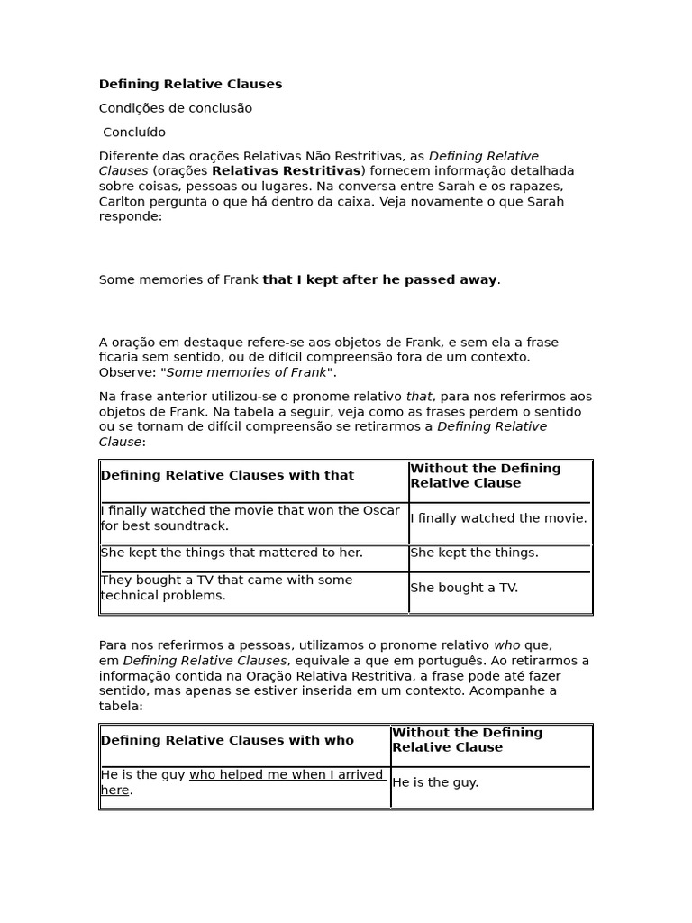 Defining Relative Clauses | PDF | Pronome