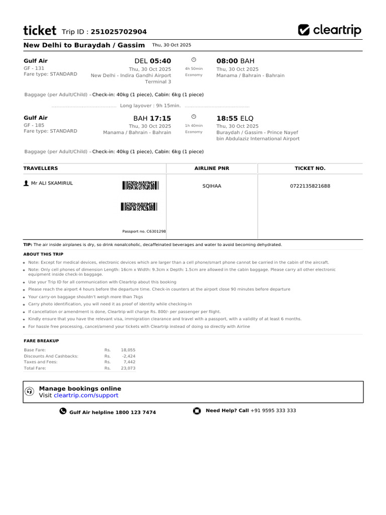 Cleartrip Flight E-Ticket | PDF | Aviation | Transport