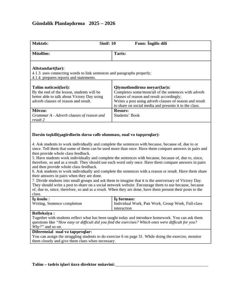 10th Grade English Lesson Plan 2025-2026 | PDF | Adverb | Sentence ...