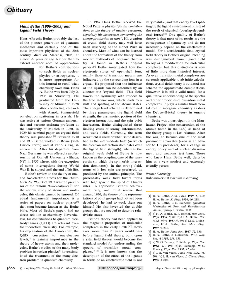 Angew Chem Int Ed - 2005 - Kutzelnigg - Hans Bethe 1906 2005 and Ligand ...