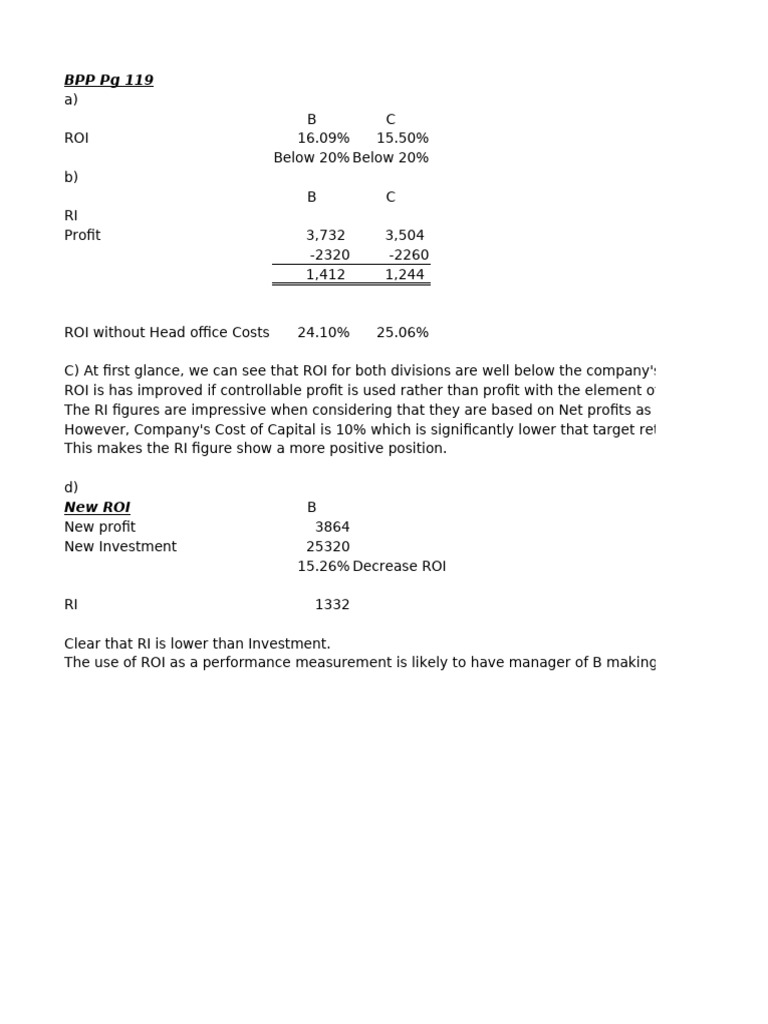 ROI and RI Analysis for Divisions B and C | PDF