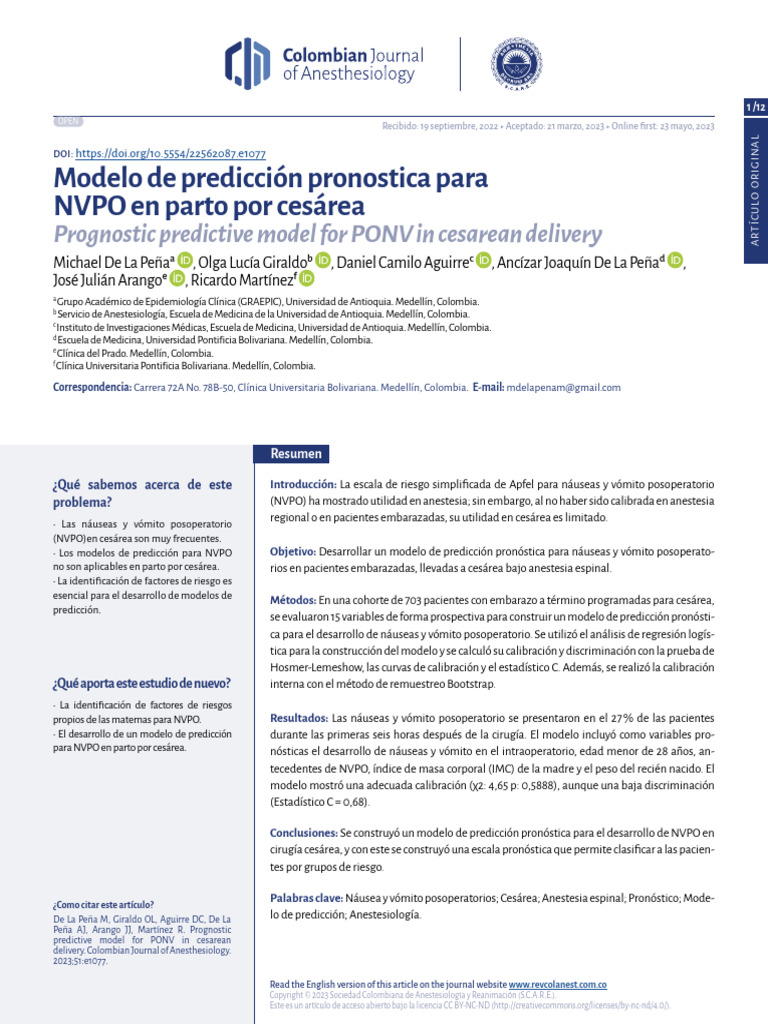 Modelo pronóstico para NVPO en cesárea | PDF | Anestesia | Índice de ...