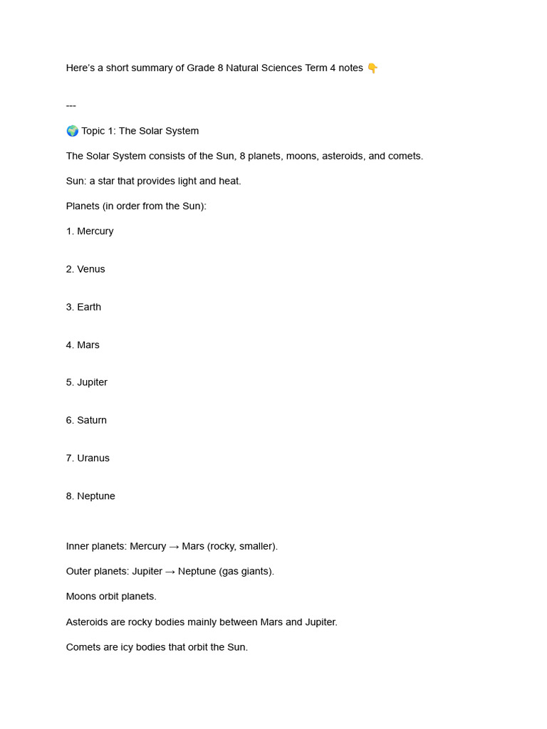 Grade 8 NS Term 4 Notes | PDF