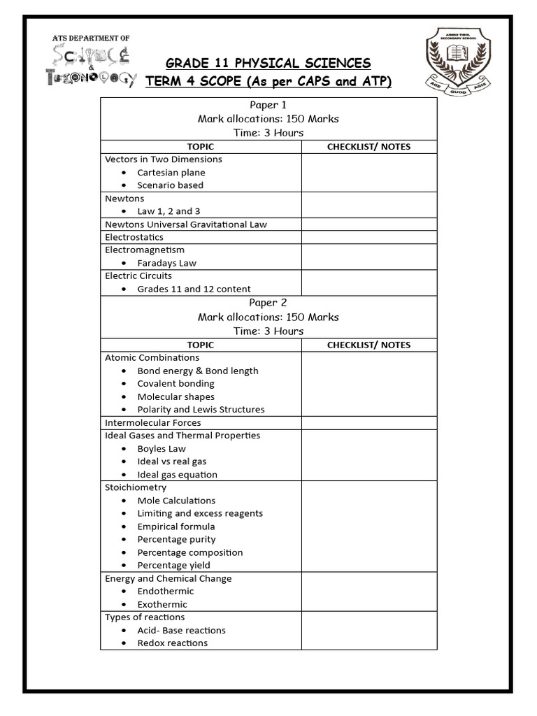 Term 4 Physical Science Scope | PDF