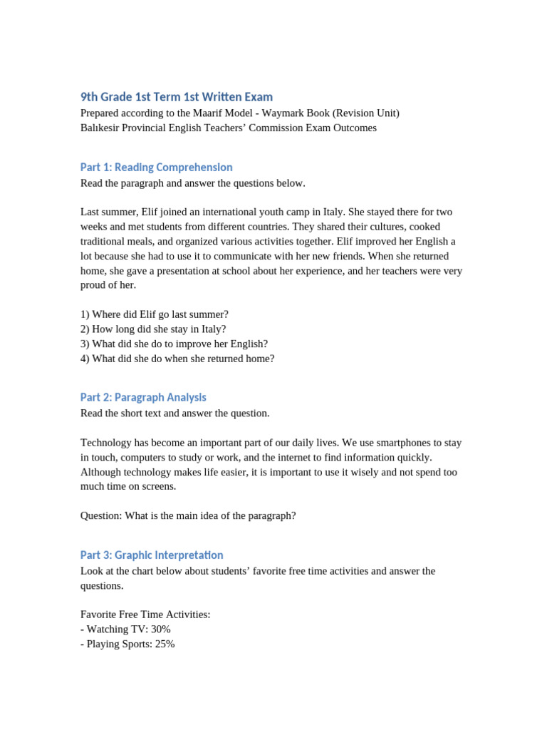 9th Grade English Exam: Reading & Writing | PDF
