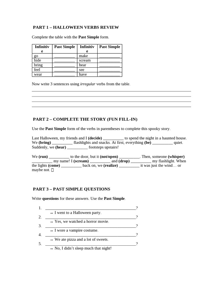 Halloween Verbs and Story Activities | PDF