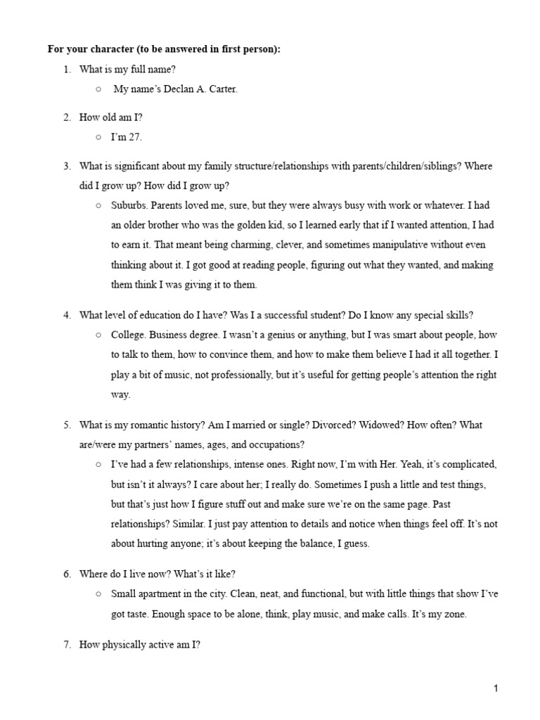 Character Questionnaire - Advanced - #2 | PDF | Psychology | Behavioural Sciences