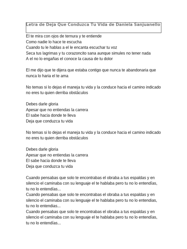 Letra de Deja Que Conduzca Tu Vida de Daniela Sanjuanello | PDF