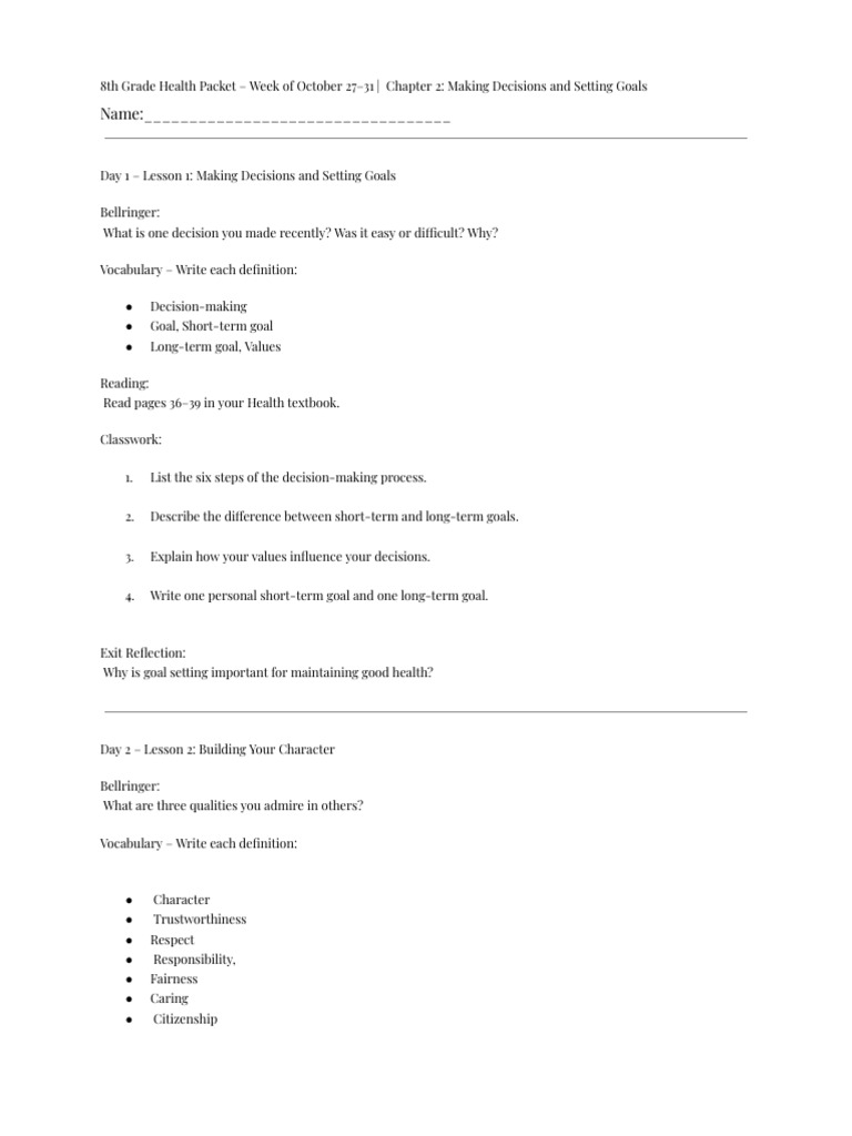 8th Grade Health: Goals & Decision-Making | PDF | Psychology | Learning
