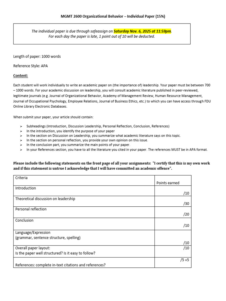 Leadership Paper Guidelines for MGMT 2600 | PDF | Academic Publishing ...