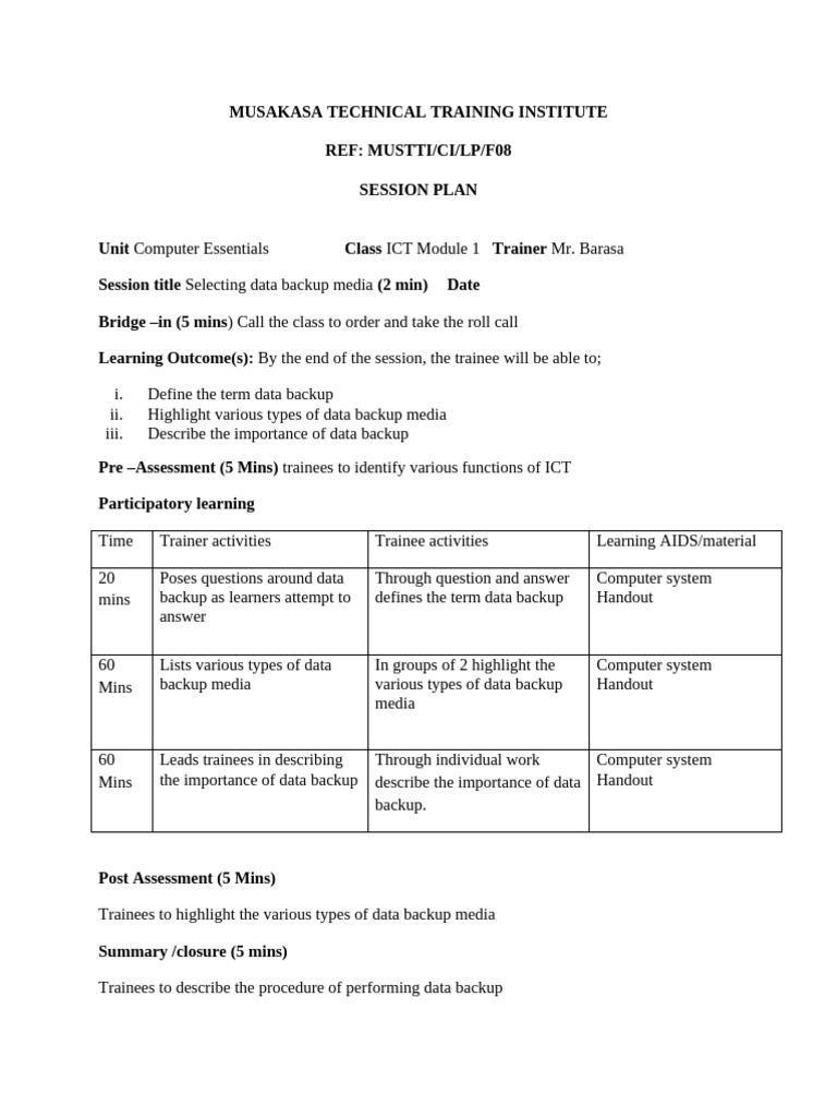 Manage Computer Software Session Plan | PDF | Educational Technology ...