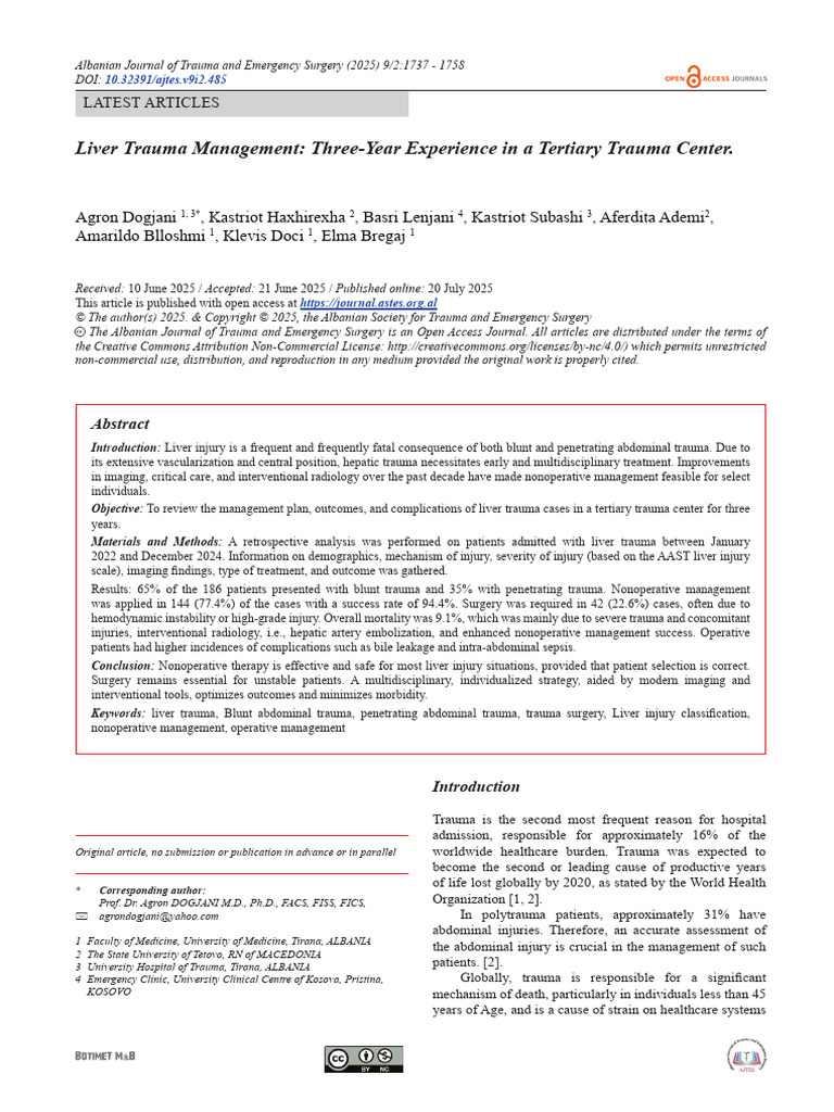 Liver Trauma Management Three-Year Experience in A | PDF | Major Trauma ...
