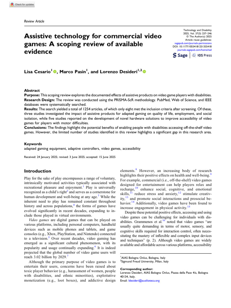 Assistive Technology For Commercial Video Games A Scoping Review of Available Evidence - 08.28. ...