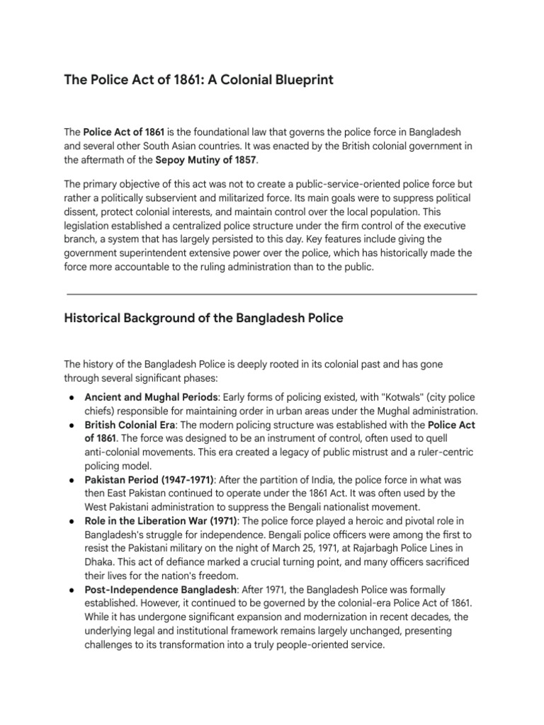Police Act of 1861: Colonial Legacy in Bangladesh | PDF ...