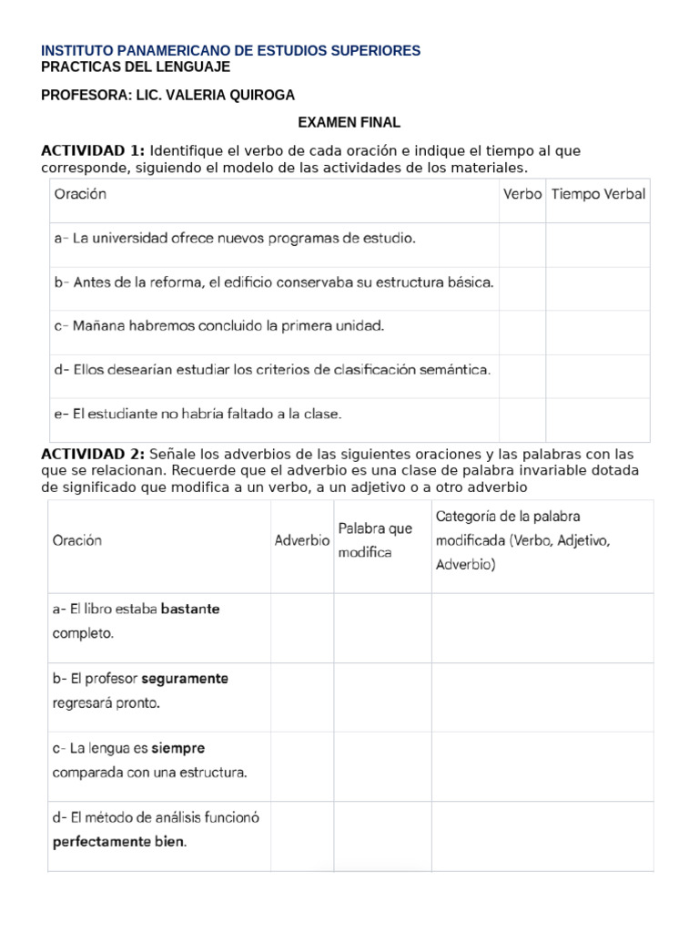 Examen Final de Prácticas del Lenguaje | PDF | Palabra | Adverbio