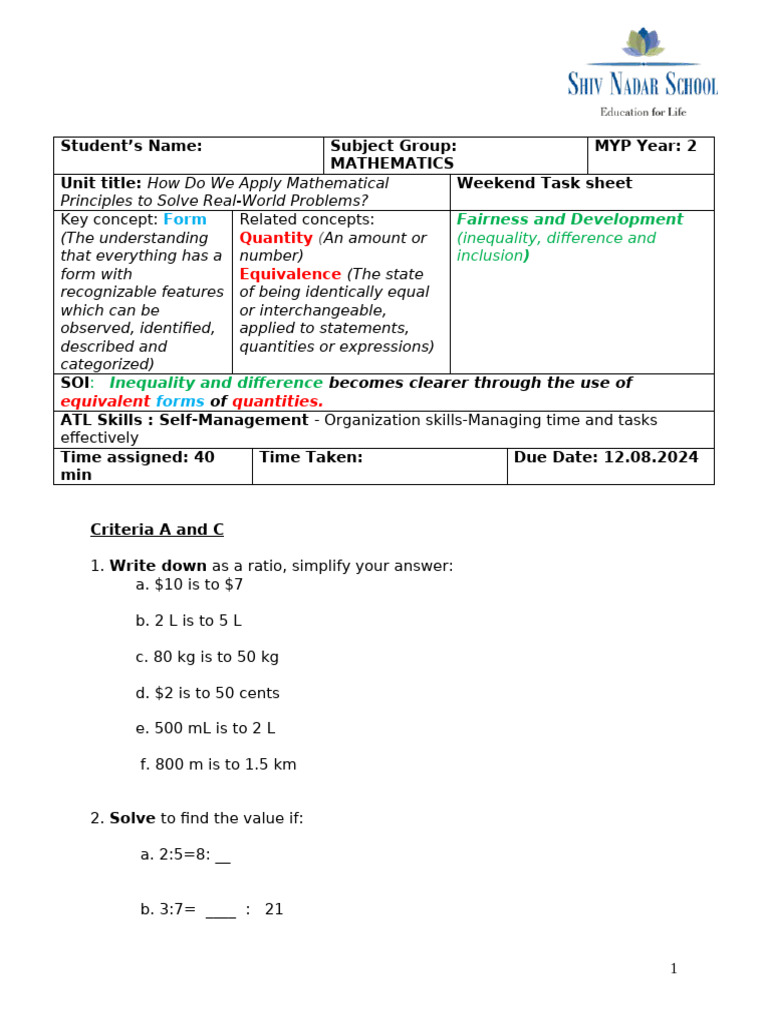 7 WeekendTasksheet RatioandRates | PDF | Ratio | Quantity