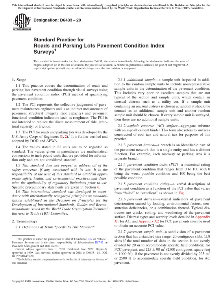 Pavement Condition Index Standard D6433 | PDF | Road Surface | Sampling ...