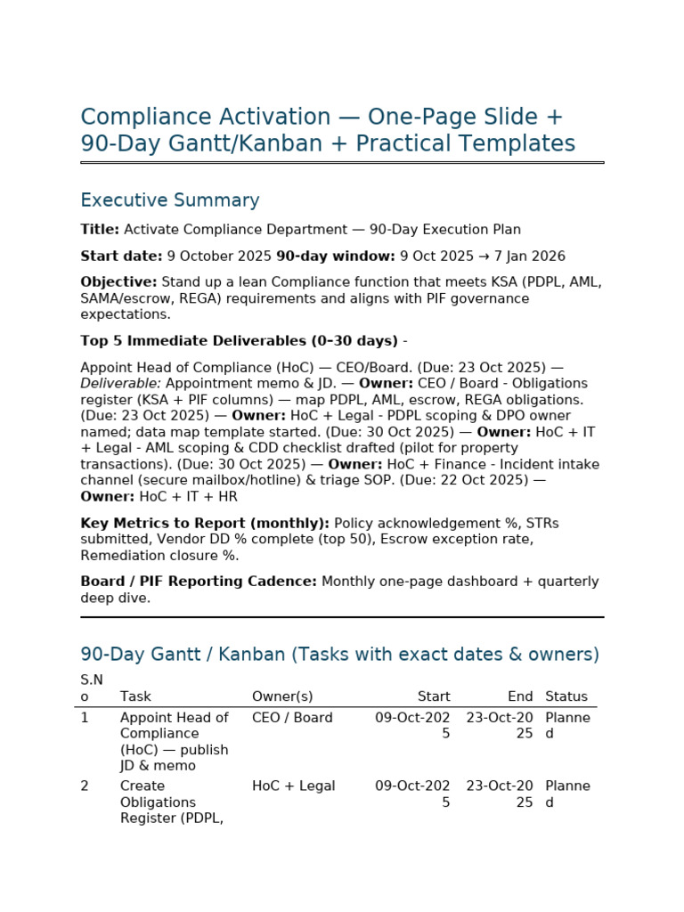 Compliance Activation — Slide + 90‑Day Gantt + Ksa Templates | PDF ...