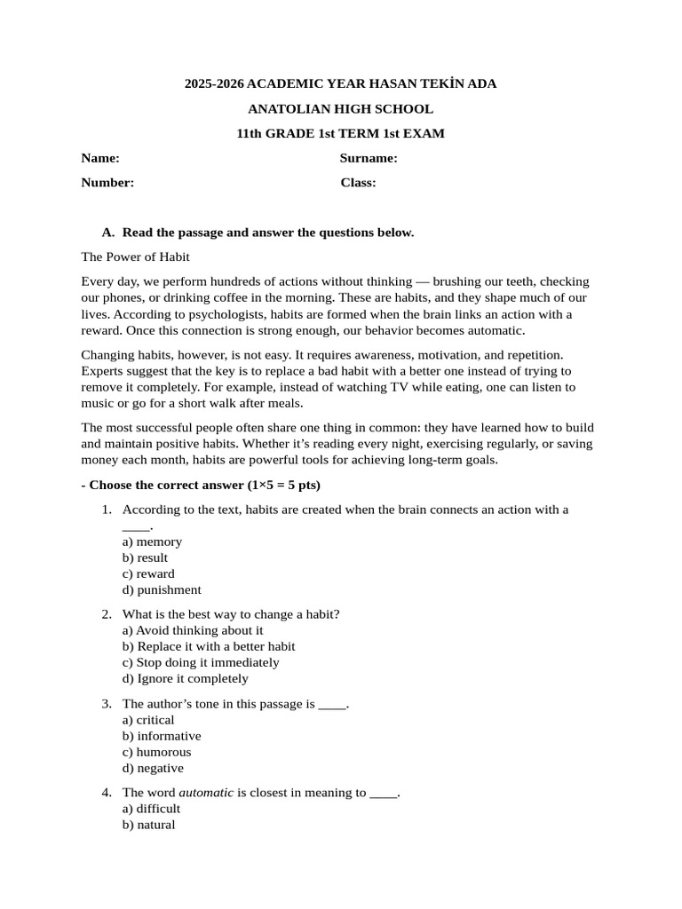 11th Grade 1st Exam | PDF | Habits | Psychological Concepts