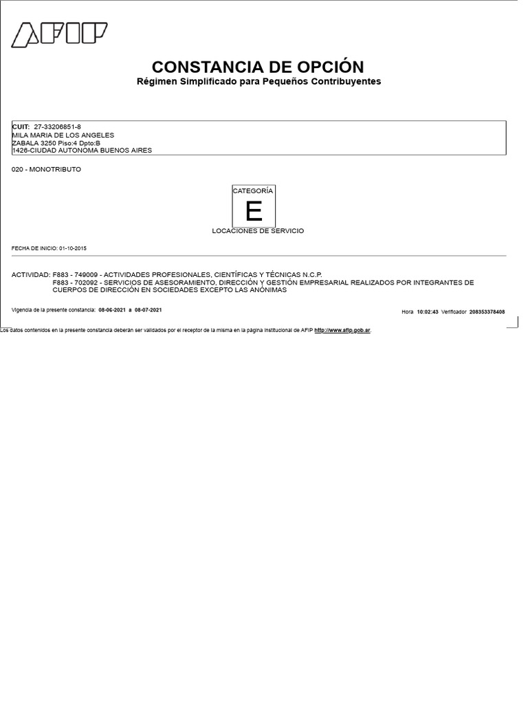 Constancia de Monotributo E - AFIP | PDF
