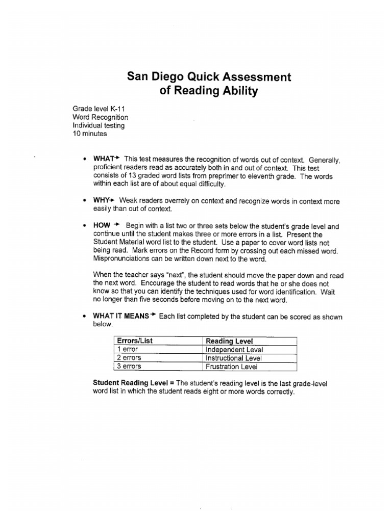 San Diego Quick Reading Assessment | PDF