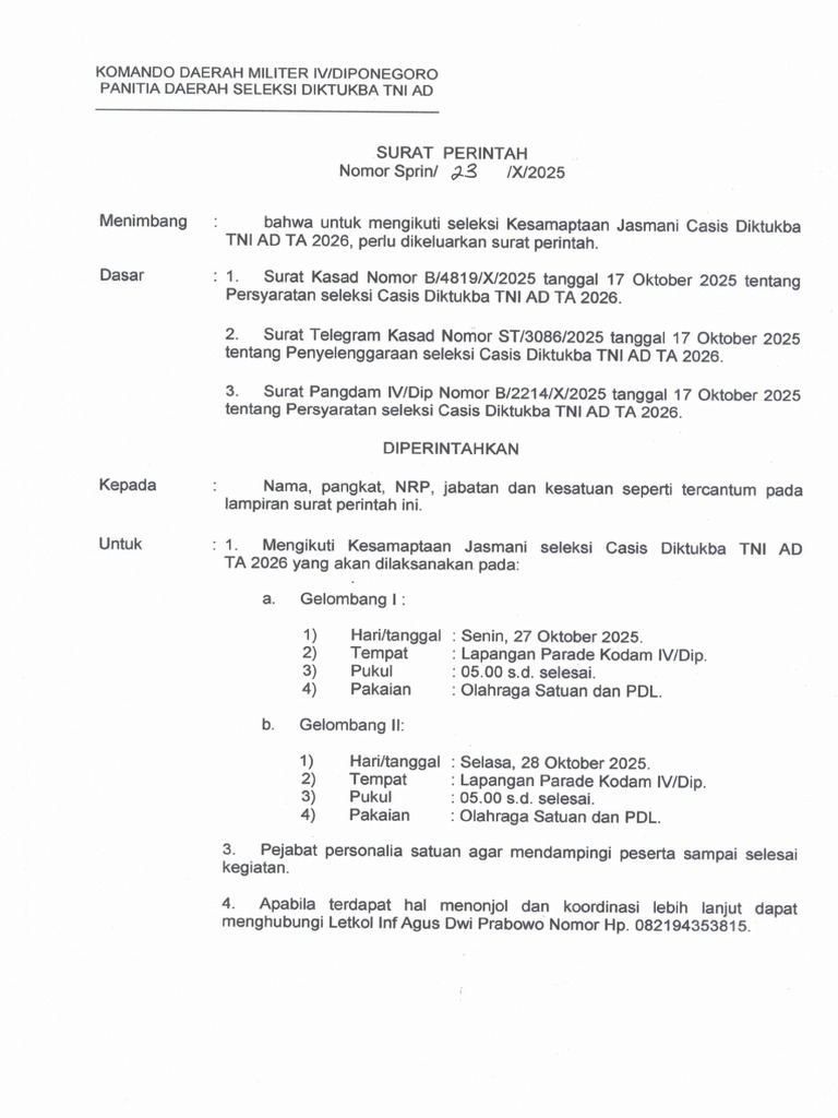 SP 23 TGL 26-10-2025 TTG Mengikuti Kesamaptaan Jasamni Casis 2026 | PDF