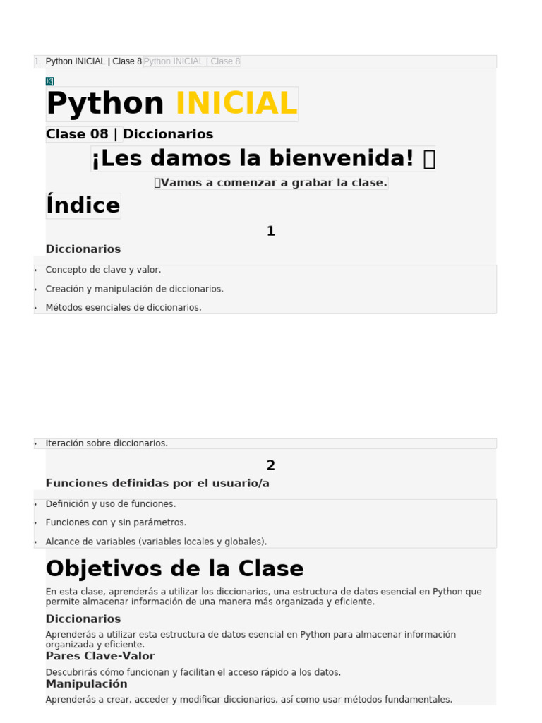 Presentacion de La Clase 8 | PDF | Python (lenguaje de programación) | Diccionario