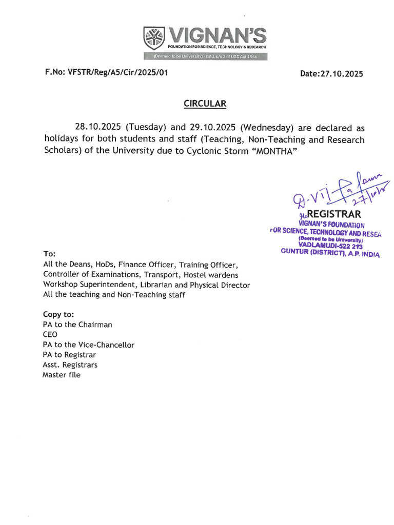 Circular Holidays Reg | PDF