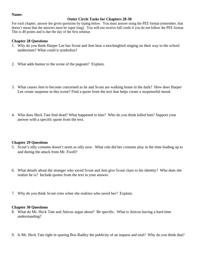 TKAM Chapters 28-30 Questions Fillable | PDF | To Kill A Mockingbird