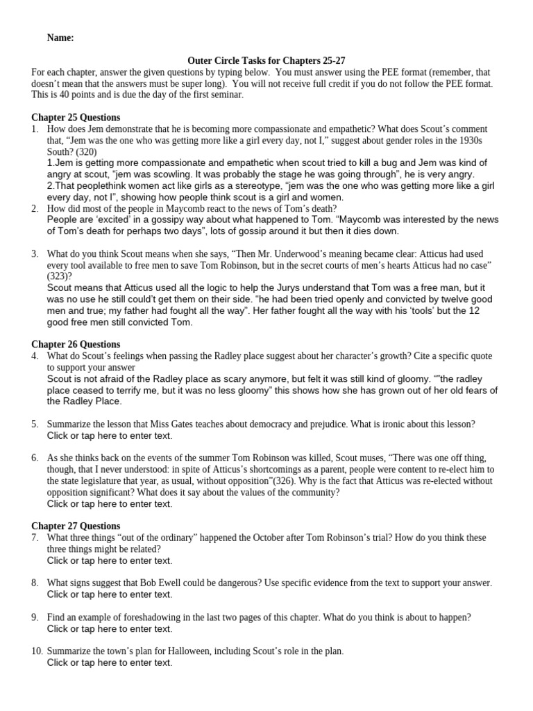 TKAM Chapters 25-27 Questions Fillable | PDF | To Kill A Mockingbird